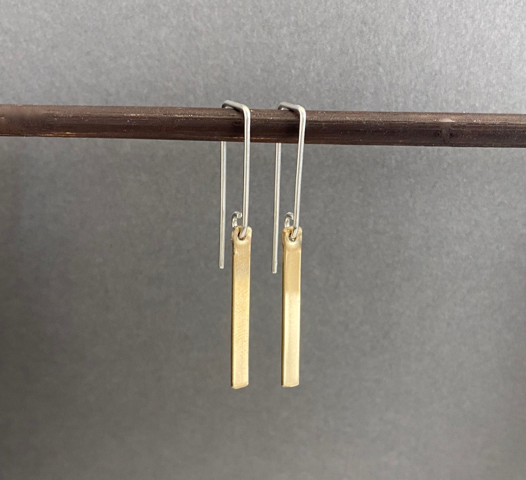 Minimalist Gold Bar Drop Earrings, Mixed Metal Silver and Gold Dangle ...