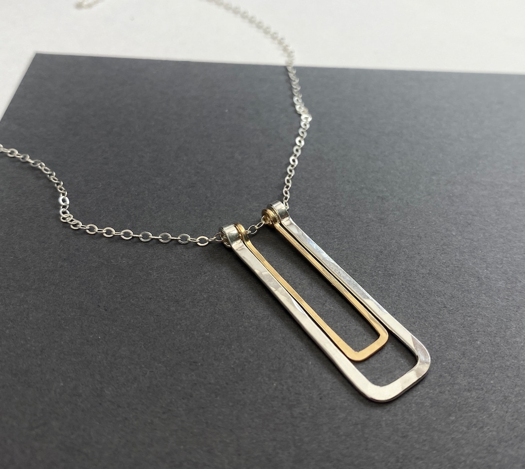 Long Silver and Gold Rectangle Pendant Necklace, Geometric Minimalist ...