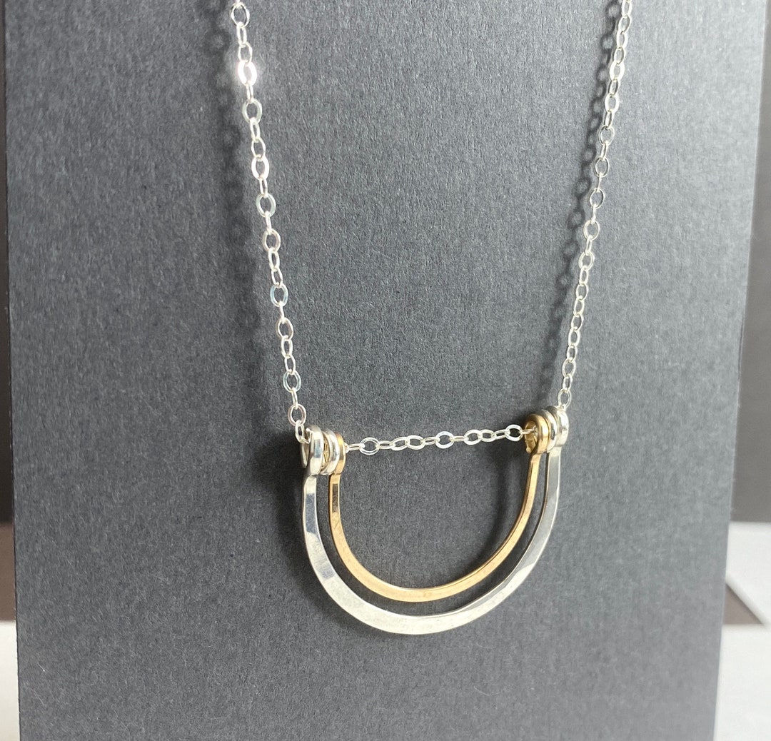 Mixed Metal Half Circle Necklace, Sterling Silver and Gold Filled ...