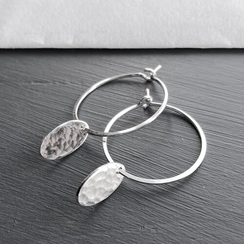 Small Silver Hoop Earrings With Charm Sterling Silver Disc | Etsy