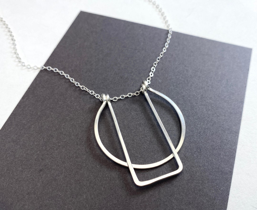 Long Silver Geometric Necklace, Sterling Silver Circle Rectangle ...