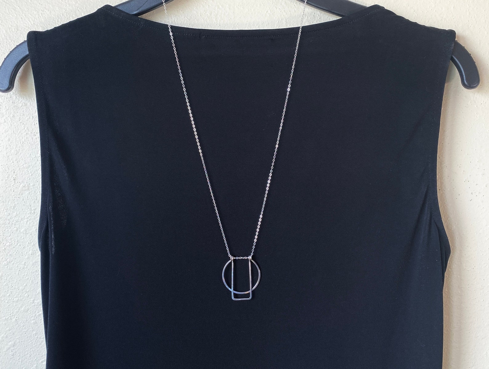 Long Silver Geometric Necklace, Sterling Silver Circle Rectangle ...