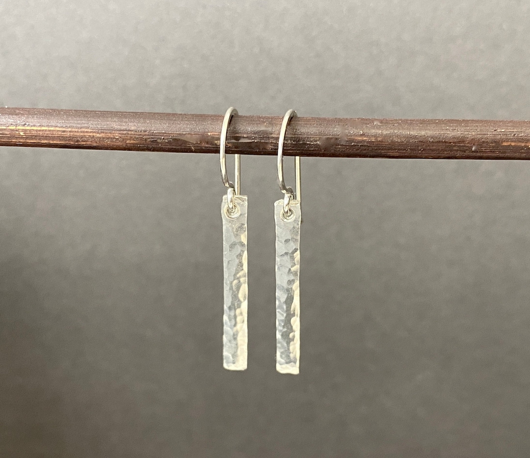 Sterling Silver Dangle Earrings, Small Hammered Bar Earrings ...