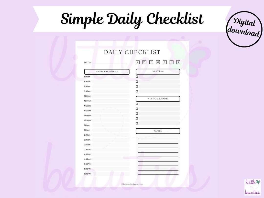 Simple Daily Checklist, Daily Planner Page, Hourly Planner, to Do ...