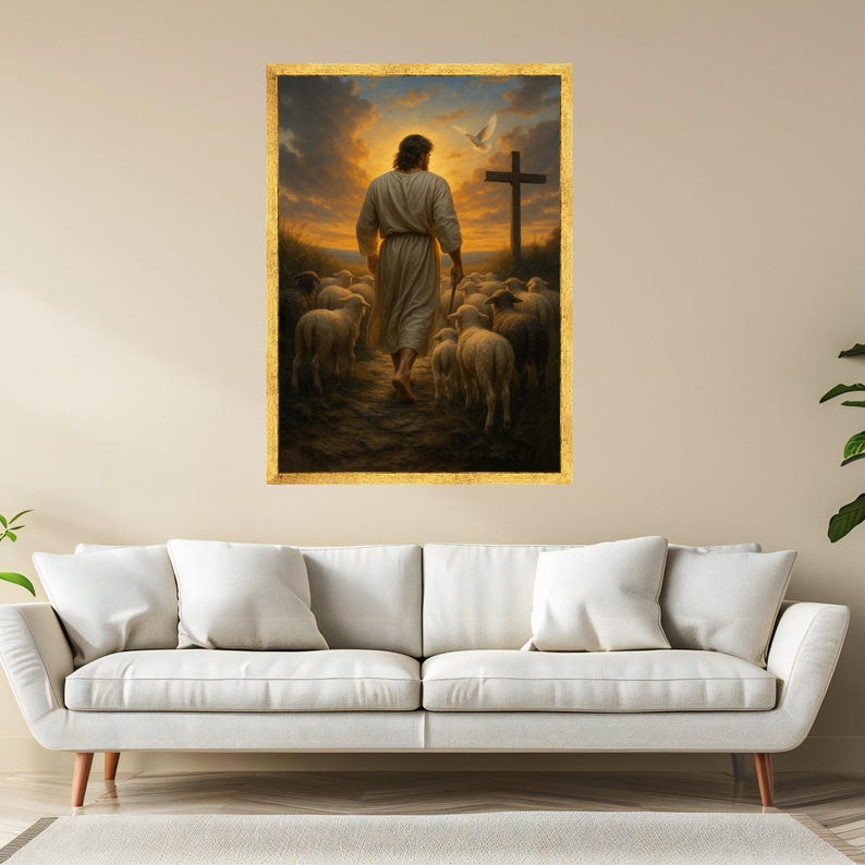 The Good Shepherd Walking With Sheep, Religious Canvas Wall Art ...