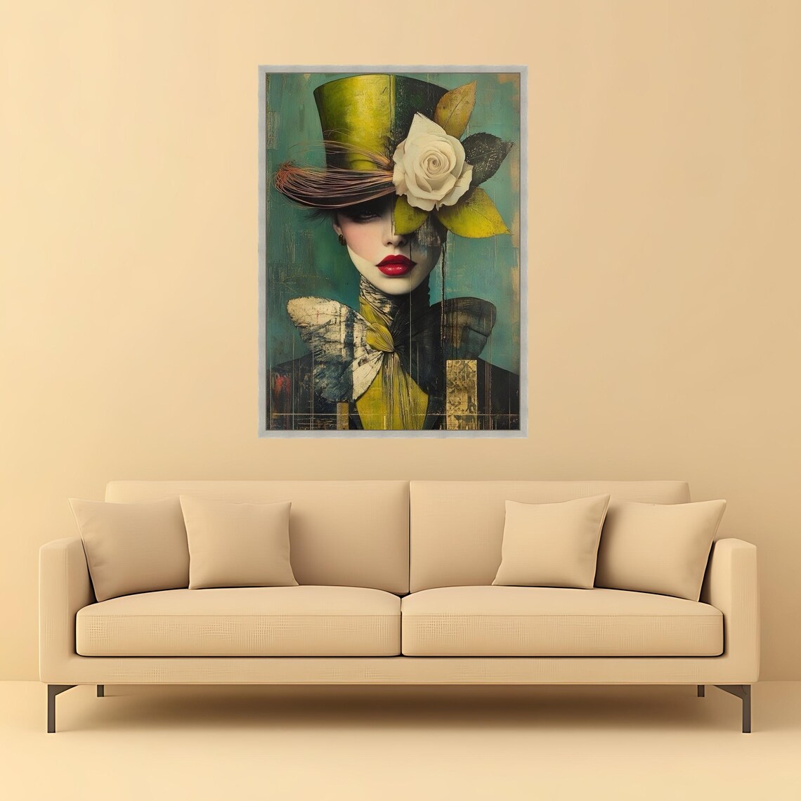 Elegant Woman Portrait Canvas, Vintage Hat With Rose, Surreal Fashion ...
