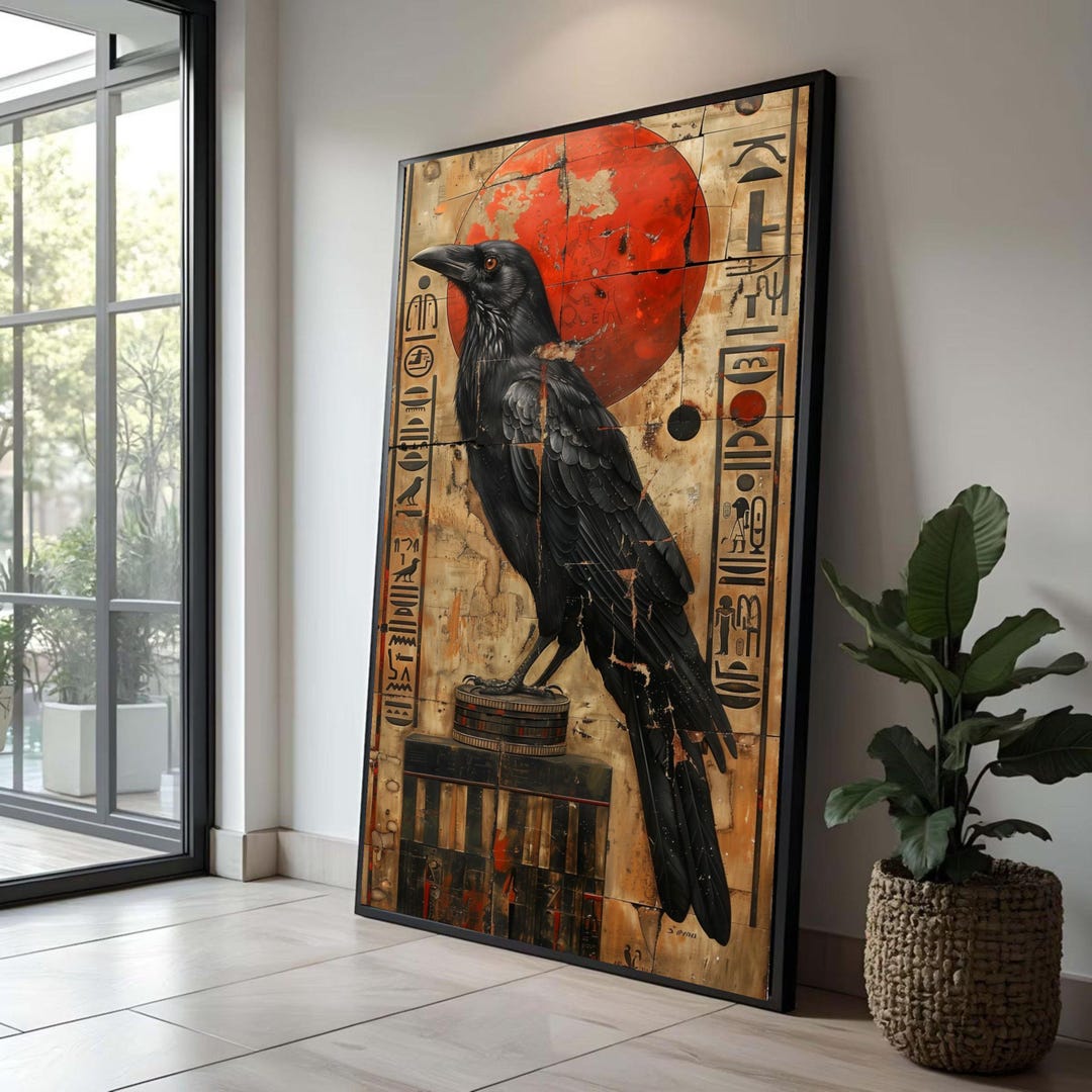 Majestic Raven With Red Sun Canvas, Ancient Egyptian Style Wall Art ...