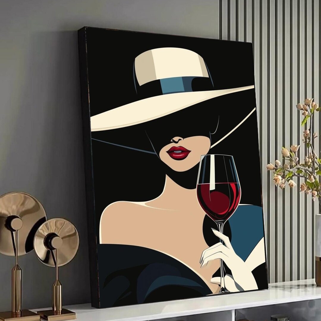 Elegant Woman With Wide-brim Hat and Red Wine Glass, Modern Fashion ...
