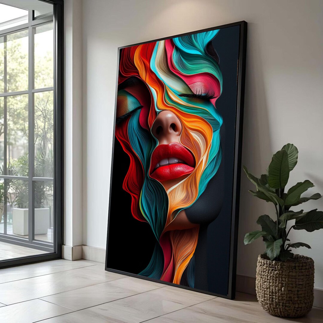 Abstract Female Face Canvas, Colorful Swirl Portrait Art, Modern Wall ...