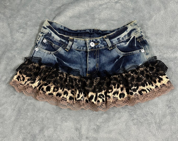 Reworked Denim Gyaru Y2k Leopard Print Low-waist Mini Skirt - Etsy