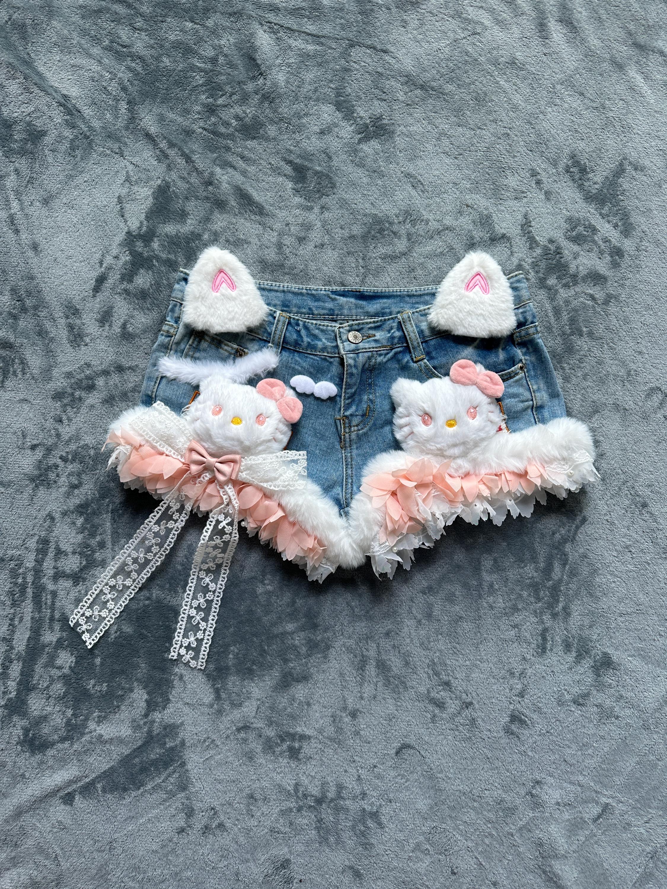 Y2k Reworked Denim Pink Hello Kitty Shorts - Etsy