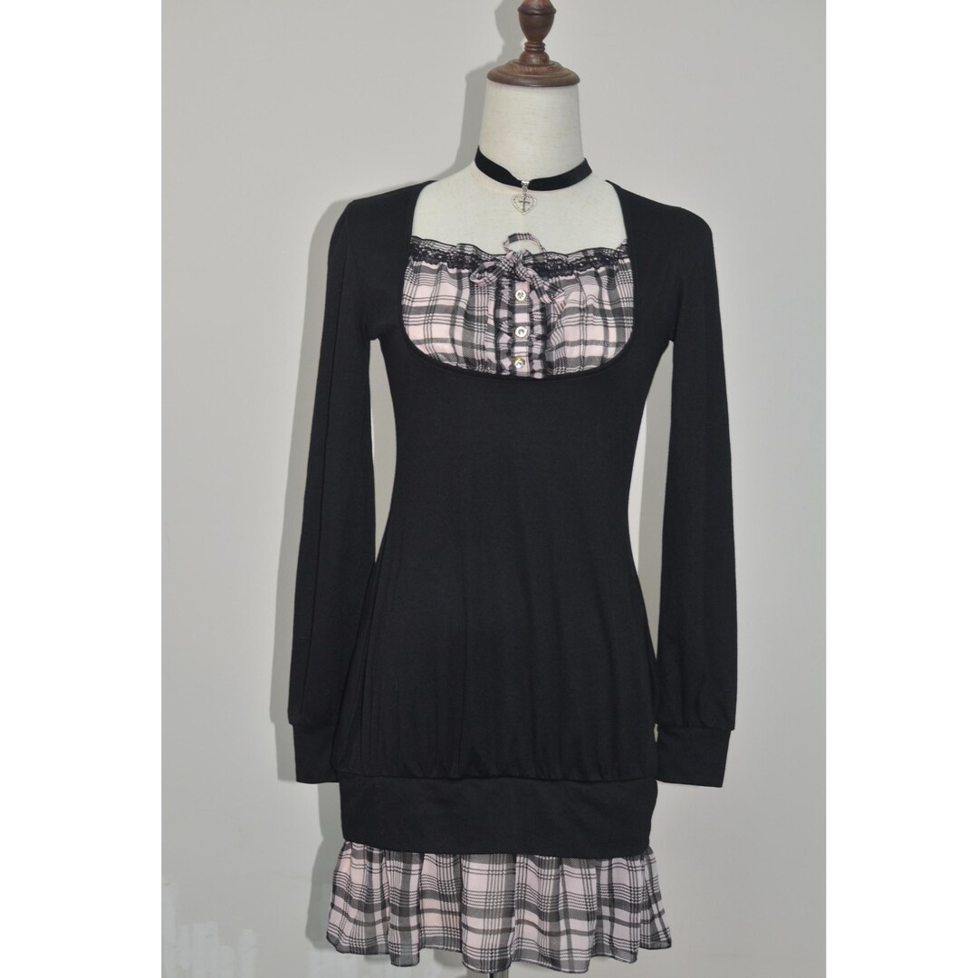 Japanese Brand Black Plaid Milkmaid Women's Mini Dress Coquette Uk6-8 ...