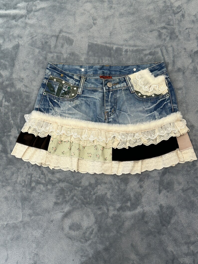 Reworked Denim Gyaru Y2k Floral Lace Low-waist Mini Skirt - Etsy