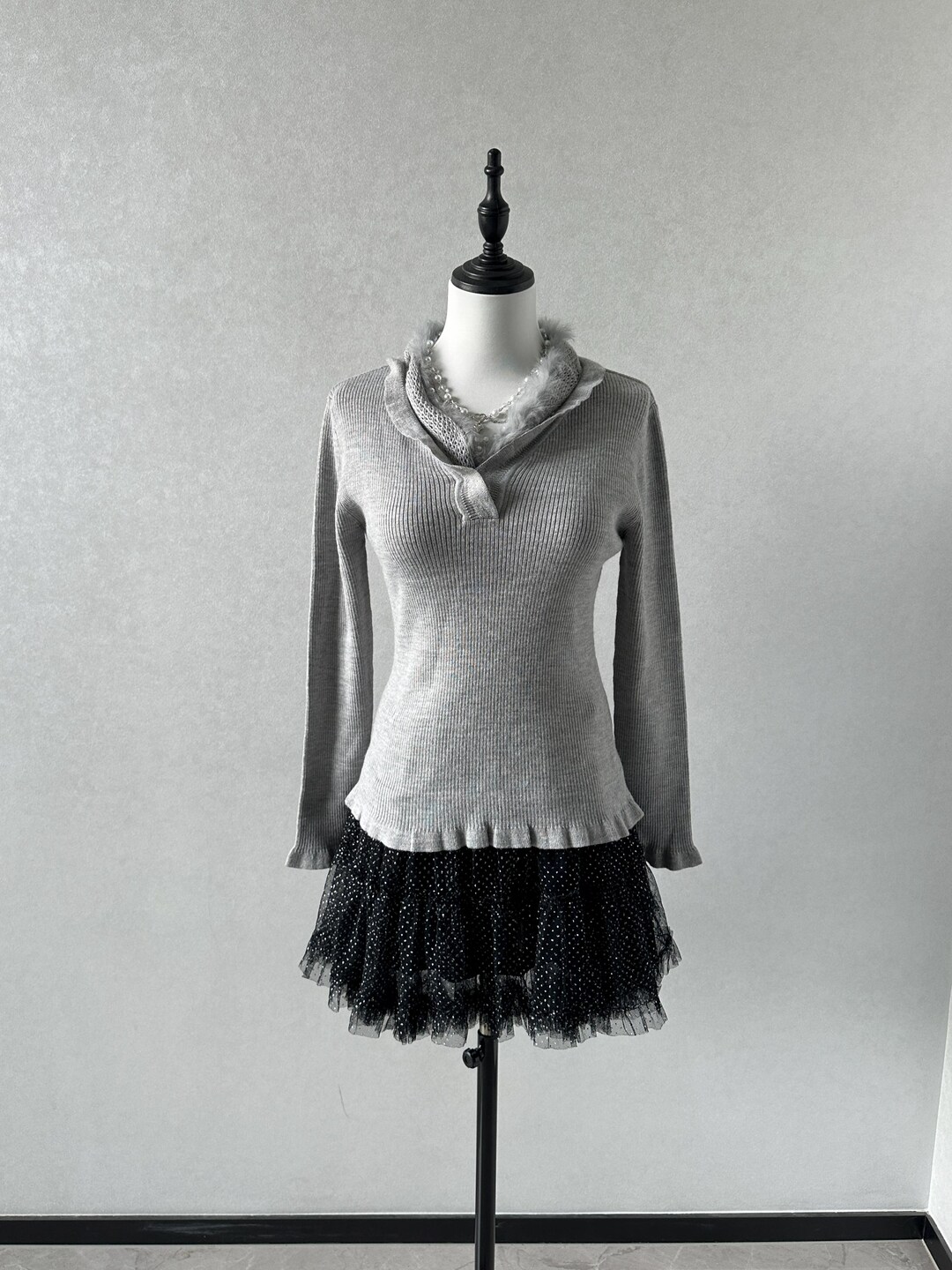 Japanese Brand Grey Coquette Knitted Top With Fur Vintage Coquette - Etsy