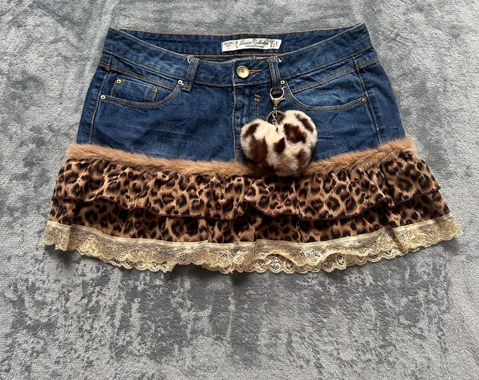 Reworked Denim Gyaru Y2k Leopard Print Low-waist Mini Skirt - Etsy