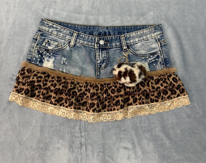 Reworked Denim Gyaru Y2k Leopard Print Low-waist Mini Skirt - Etsy