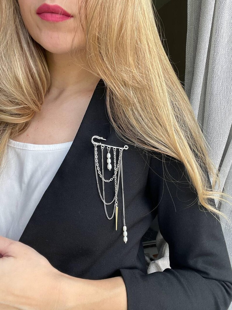 Safety Pearl Brooch With Silver Chain – Romantic Statement Pin, Elegant ...