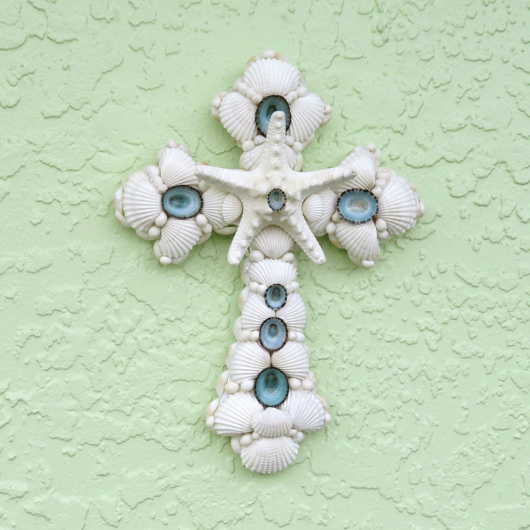Shell Cross, White Aqua Blue Seashell Crucifix, Cross With Shells ...