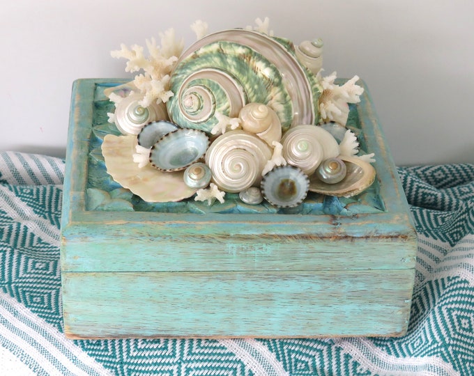 Seashell Box With Coral and Shells, 6 X 6 Inch Aqua Blue and Pearl Box ...