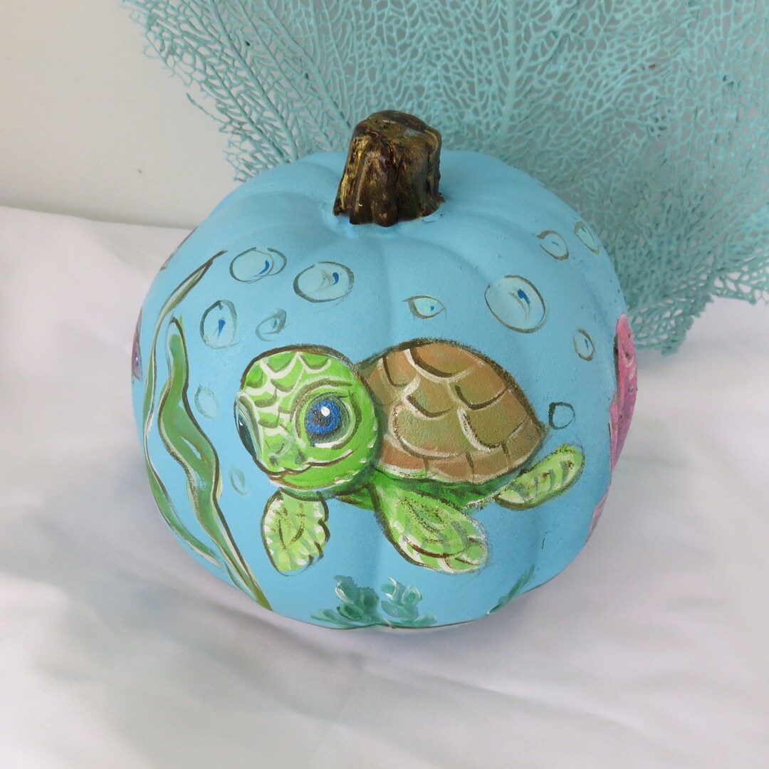 Faux Coastal Beach Pumpkin With Sea Turtle, Painted Turtle Fake Pumpkin ...