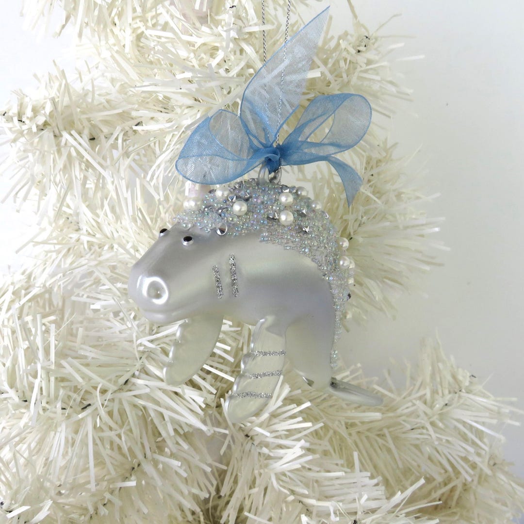Manatee Ornament, Glass Manatee Christmas Tree Ornament, Silver Blue ...