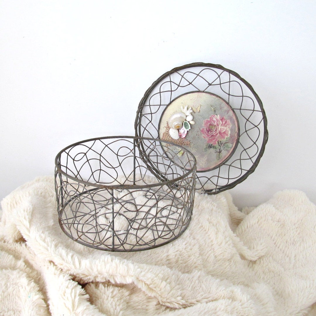 Vintage Floral Wire Basket, Wire Basket With Shells, Farmhouse Style ...