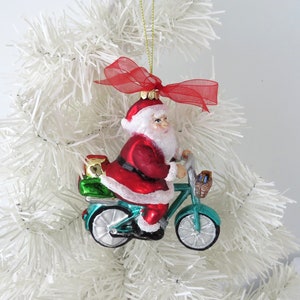 Santa on Bicycle Ornament, Bicycle Christmas Tree Ornament, Santa Cycle Gifts Ornament, Blue ...