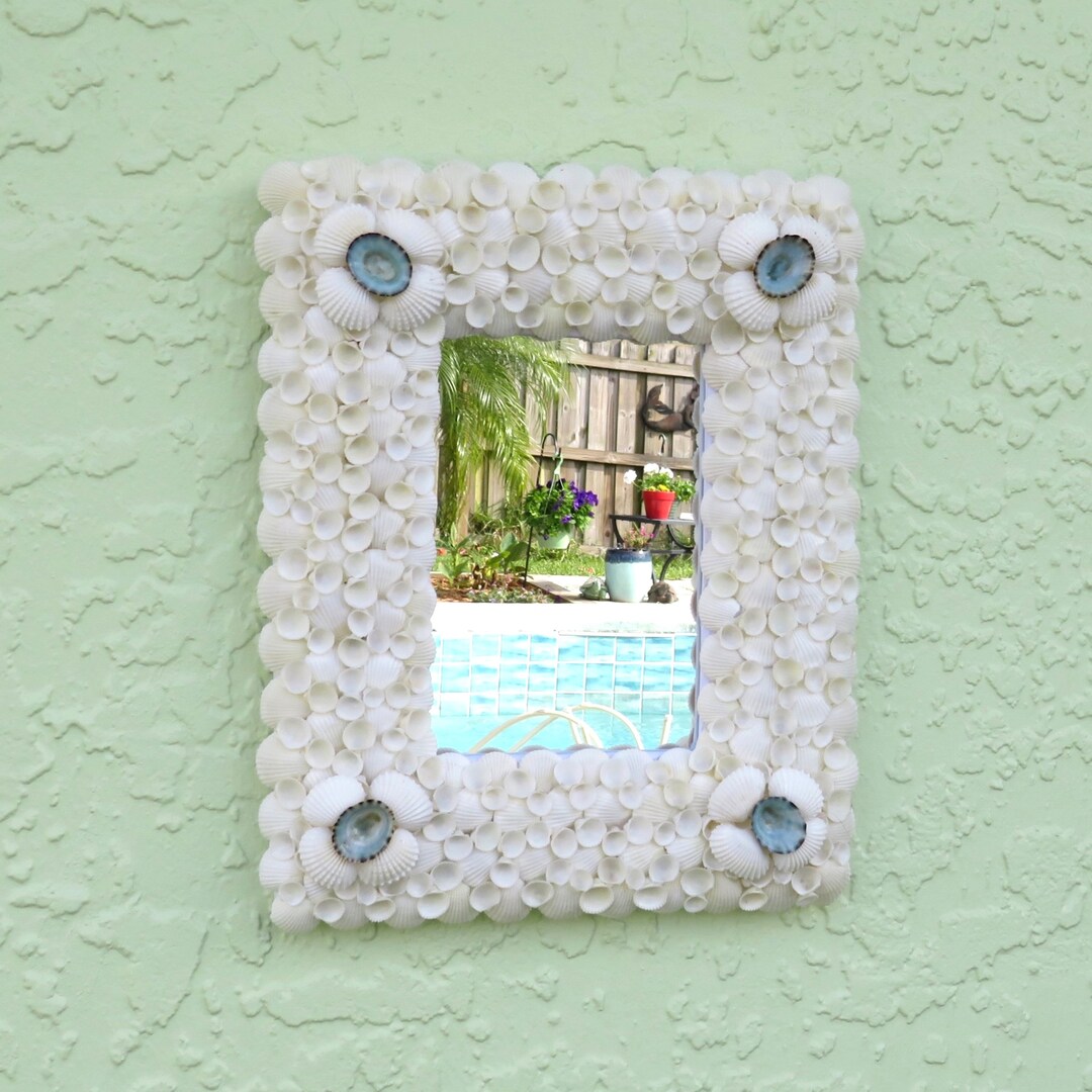 Mirror Seashells, White Aqua Shell Mirror, Coastal Beach Wall Decor ...