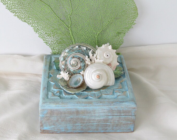 Seashell Box With Coral and Shells 6 X 6 Inch Aqua Blue and - Etsy