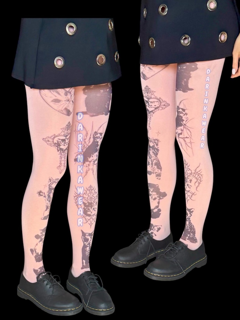 Tattoo Cat Tights | Y2K Alt Grunge Stockings | Gothic Sheer Legwear ...