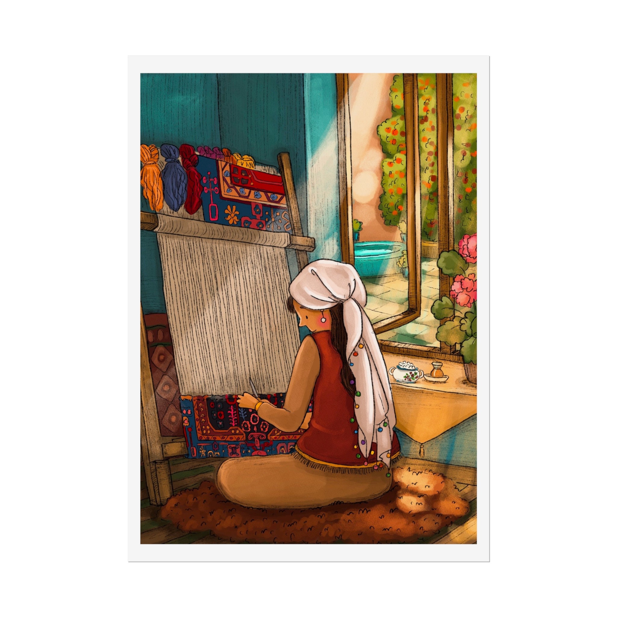 Nostalgic Rug Weaving Illustration Posters Wall Decor Peaceful and ...