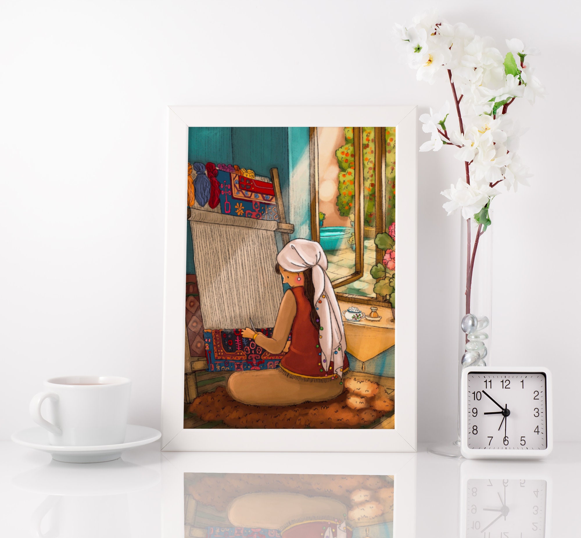 Nostalgic Rug Weaving Illustration Posters Wall Decor Peaceful and ...