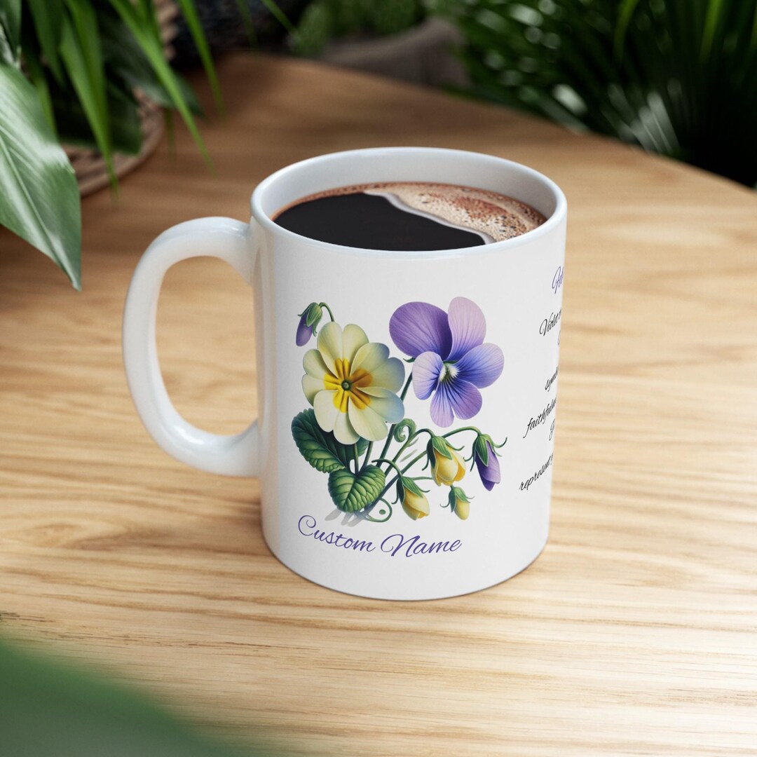 Personalized February Birth Flower Mug Violet and Primrose Design ...
