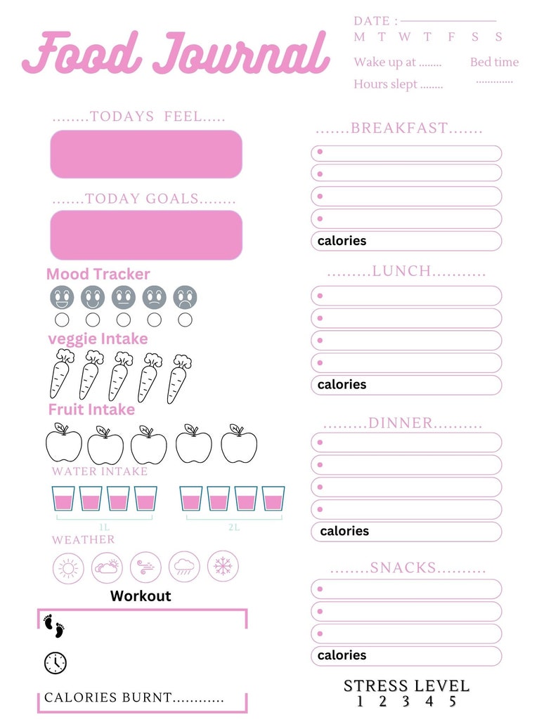 Food Journal Printable Digital Food Diary Daily Food Journal Fitness ...