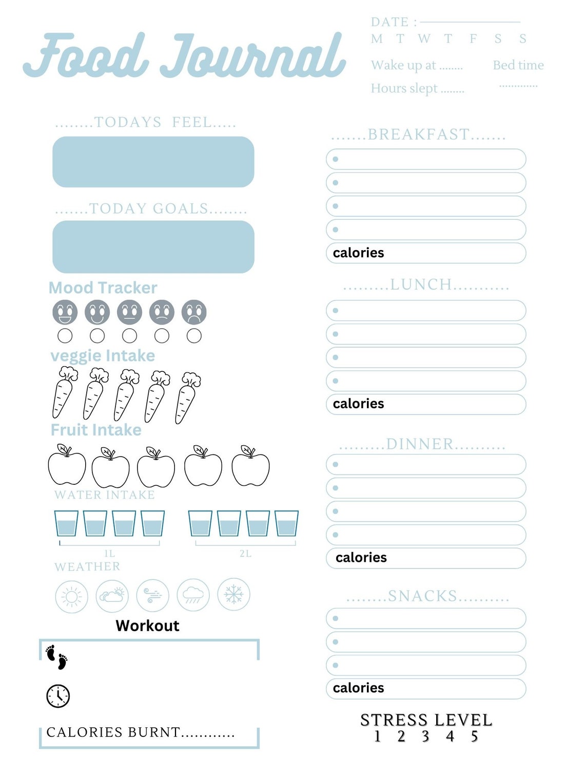 Food Journal Printable Digital Food Diary Daily Food Journal Fitness ...