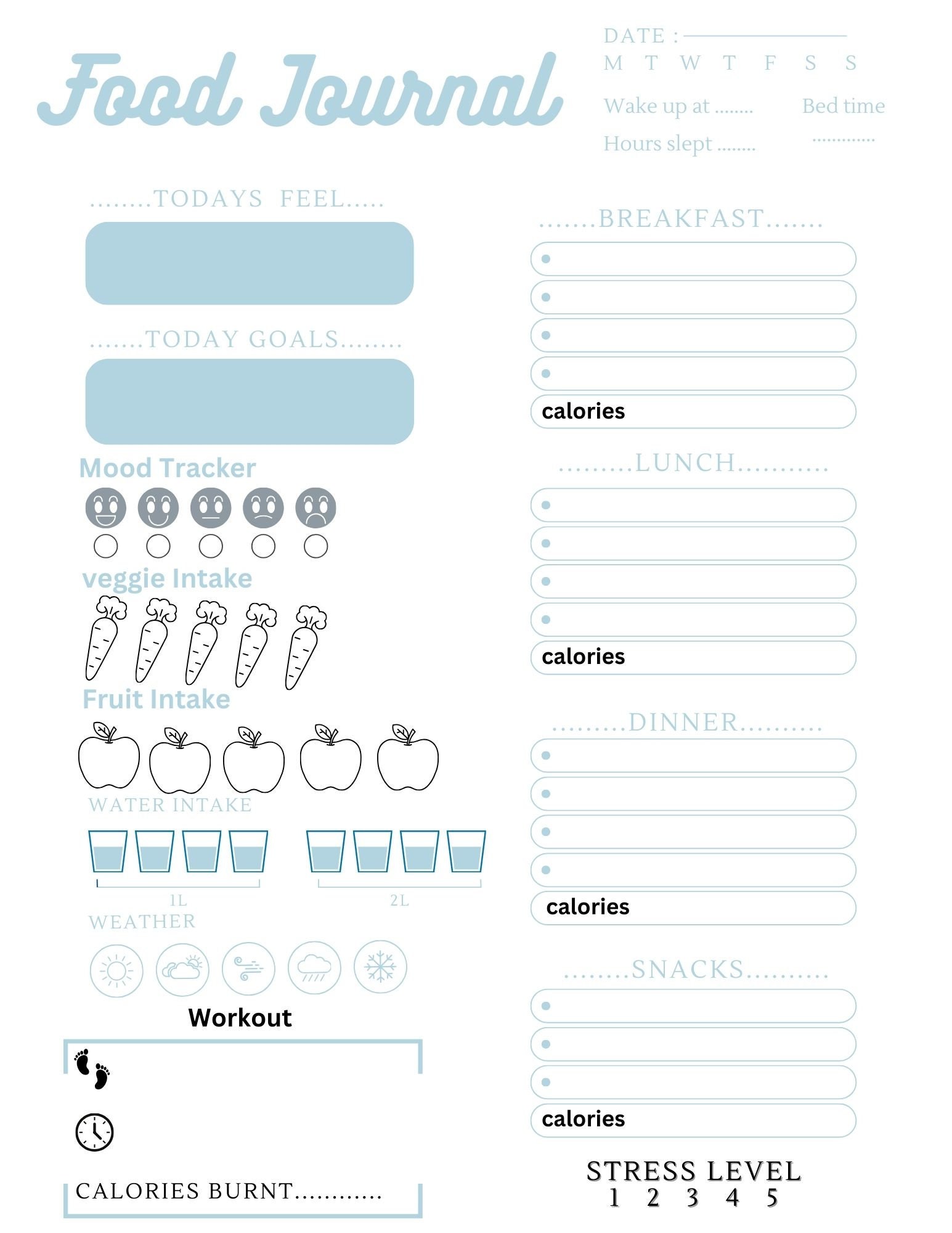 Food Journal Printable Digital Food Diary Daily Food Journal Fitness ...