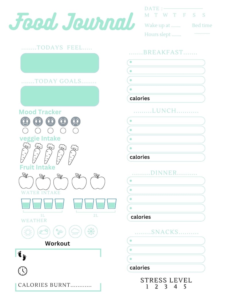 Food Journal Printable Digital Food Diary Daily Food Journal Fitness ...