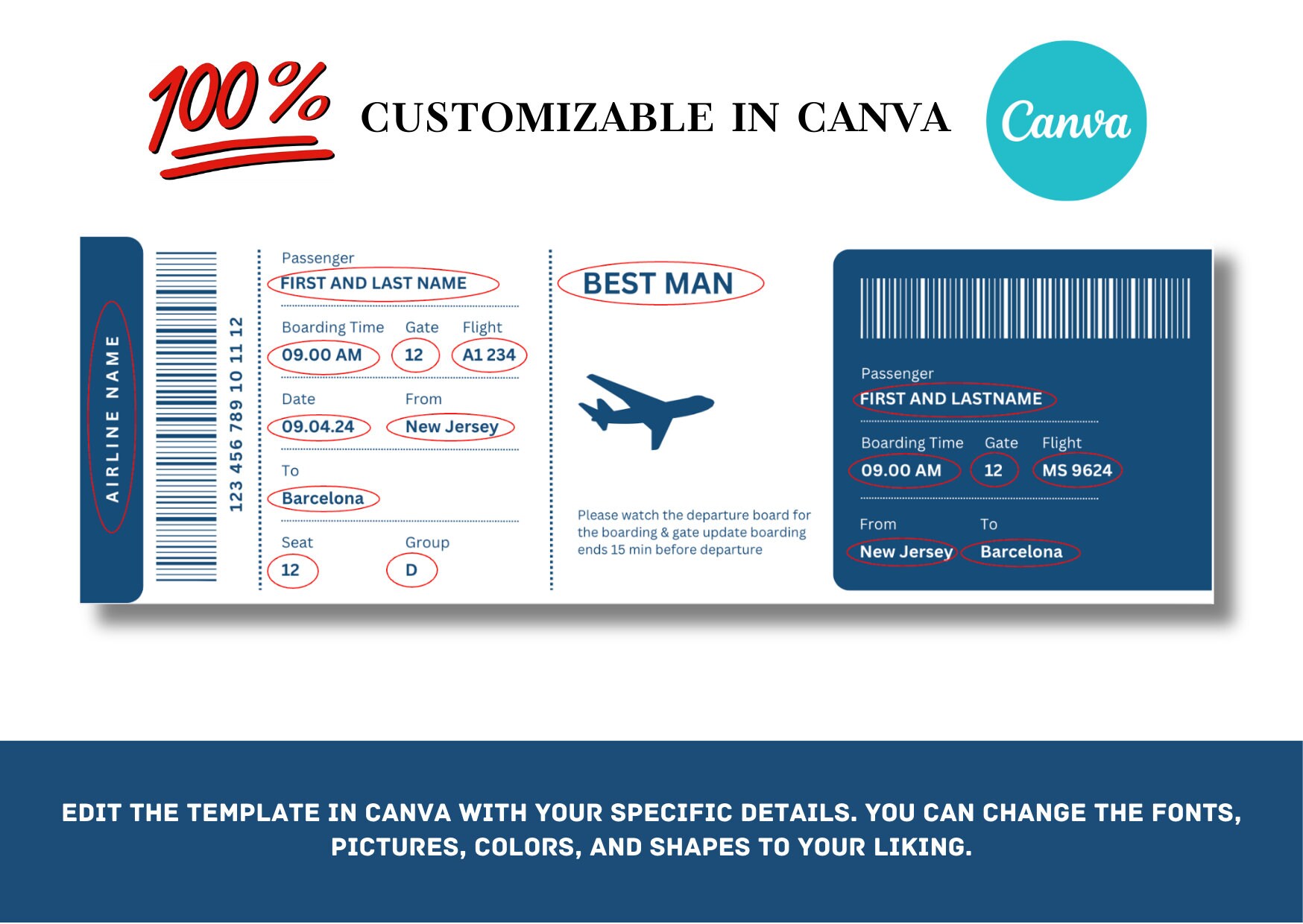 EDITABLE Boarding Pass, Boarding Pass Gift, Printable Airline Ticket ...