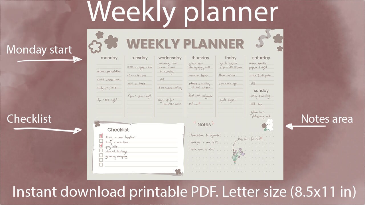 Cute Aesthetic Weekly Planner | Instant Download Pdf & Png Printable ...