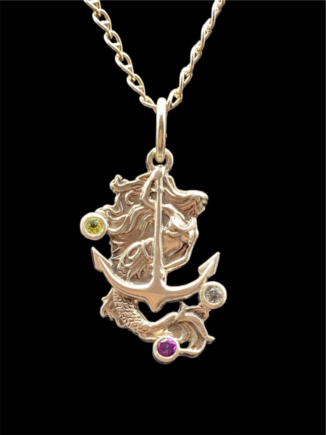 Mermaid and Anchor Pendant With Gemstones Sterling Silver - Etsy