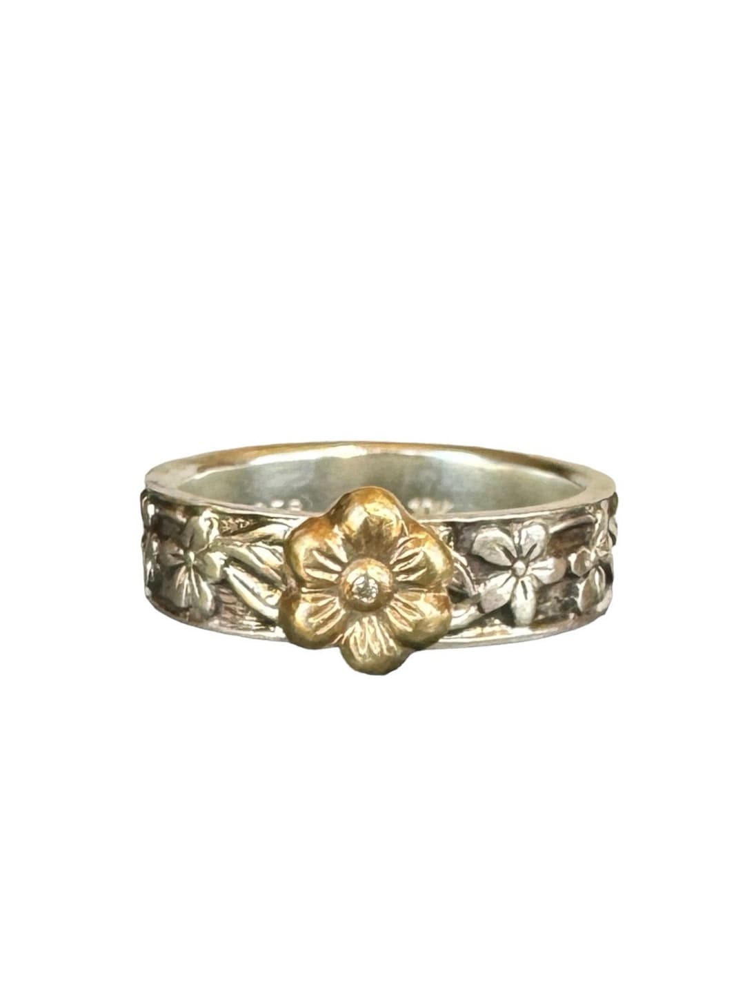 Flower Band With 10K Gold Flower, Moissanite , and Sterling Silver - Etsy