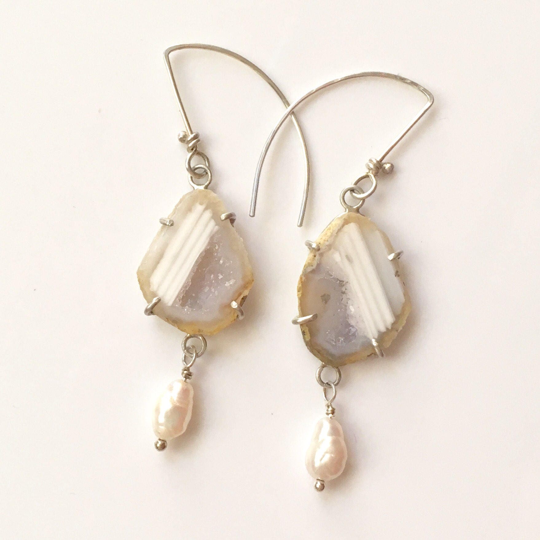 Mini White Geode With Pearl Earrings in Sterling Silver - Etsy