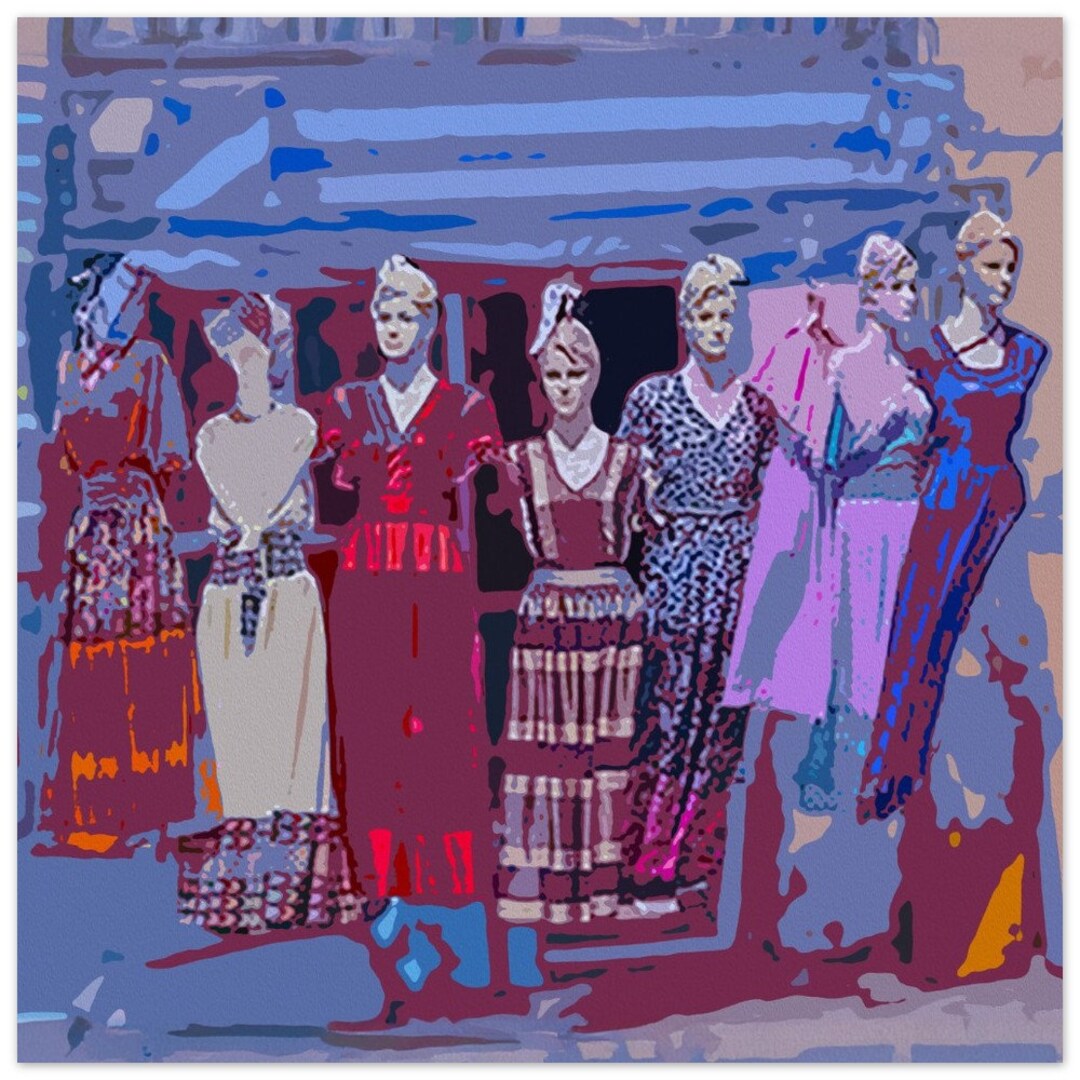 Suspended Lady Manikins in Dresses in Graphic Abstract Print Premium ...