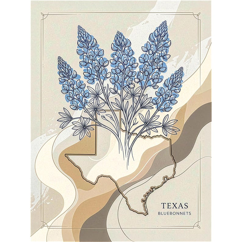 Texas Bluebonnets Minimalist Wall Art Print Modern Botanical Map Giclee ...