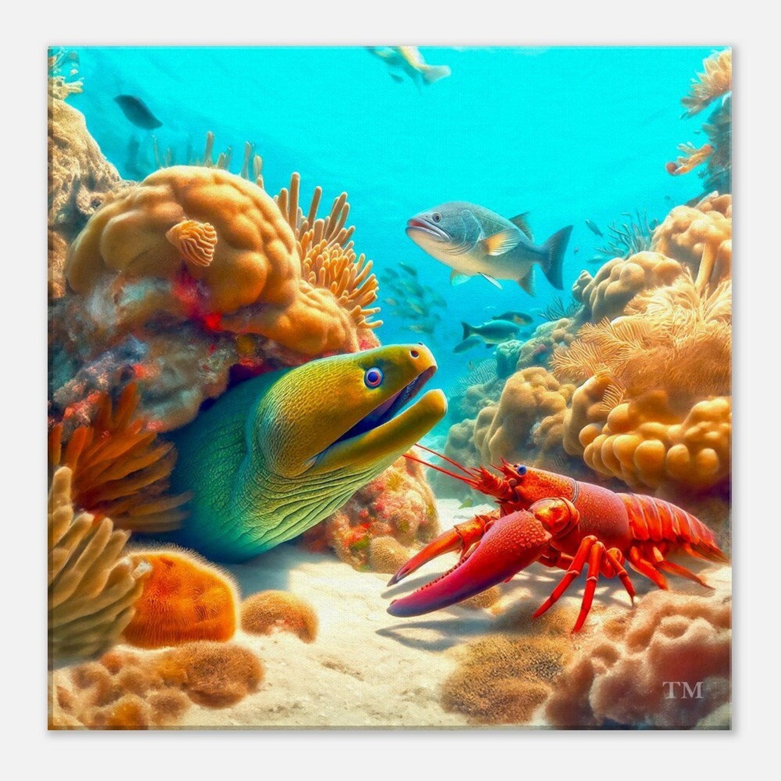 Bahamian Green Moray Eel and Florida Lobster on Coral Reef Canvas Print ...