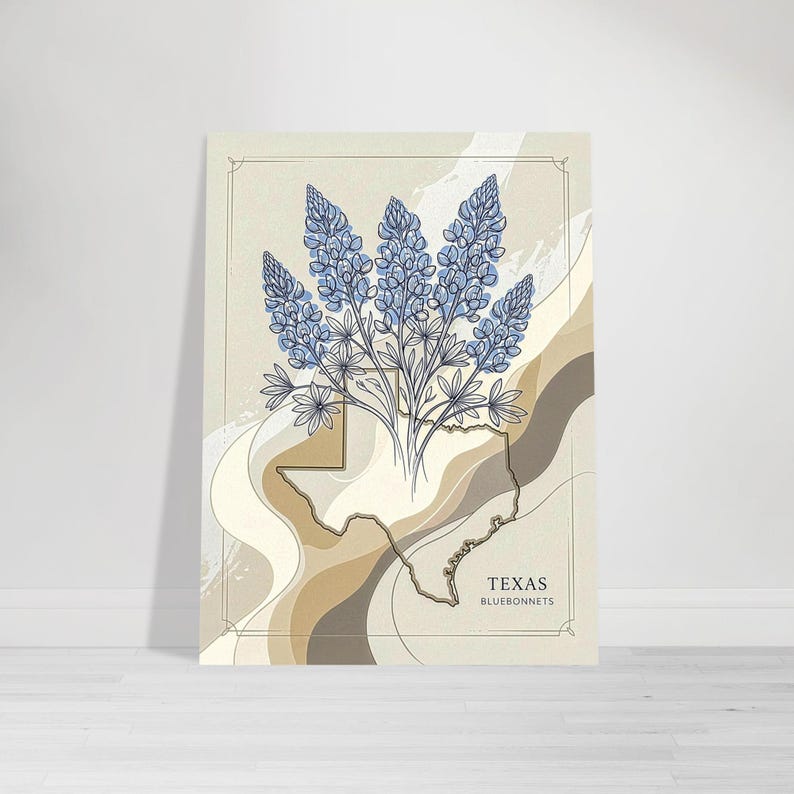 Texas Bluebonnets Minimalist Wall Art Print Modern Botanical Map Giclee ...