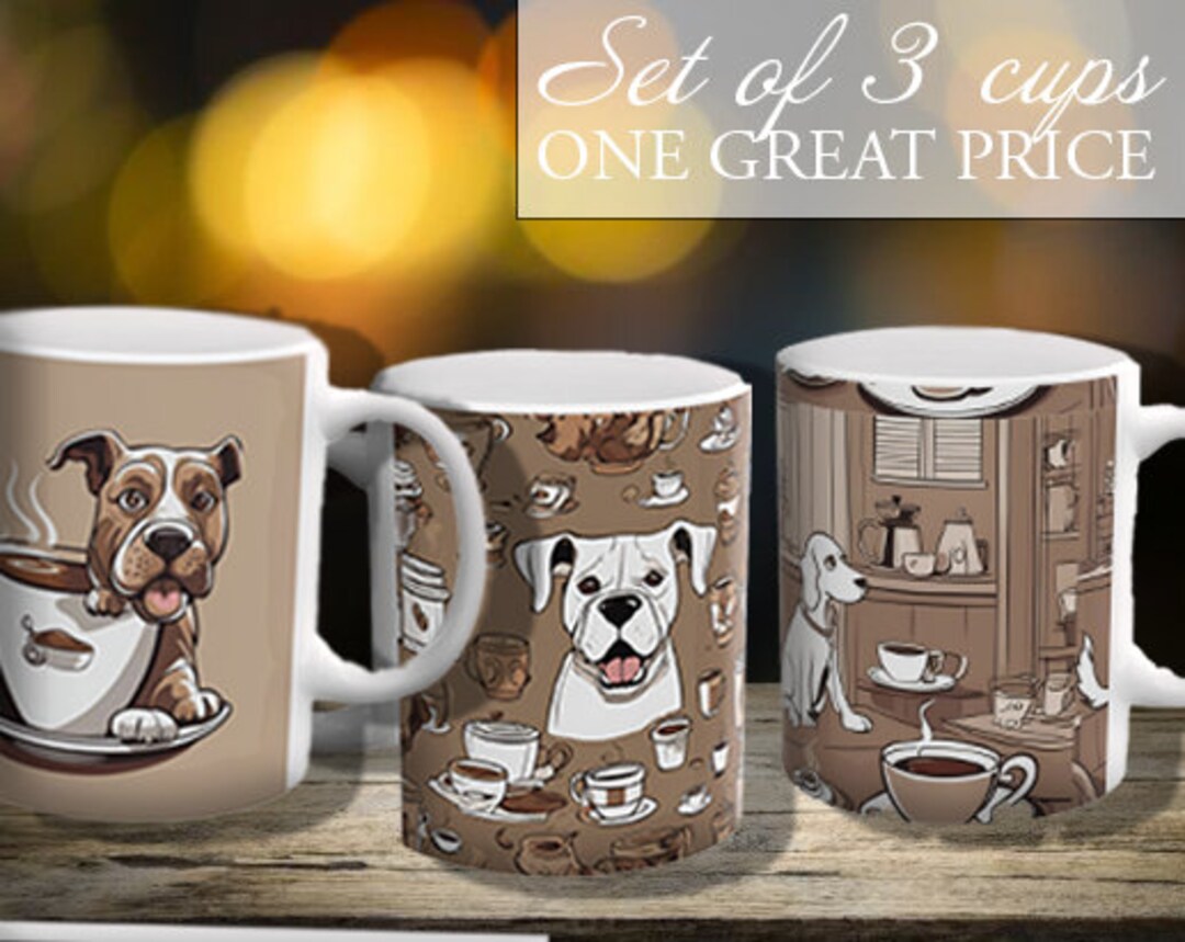 Set of 3 Coffee Mugs With a Brown Colored Design of Dogs - Etsy