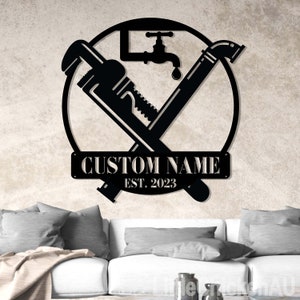 Custom Plumbing Metal Wall Art LED Light Personalized Plumber Name Sign ...