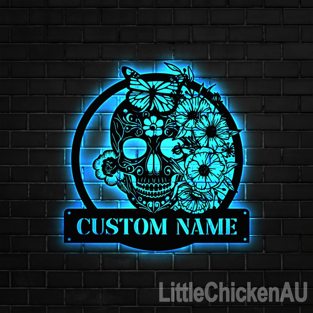 Custom Sugar Skull Metal Led Light, Personalized Skull Wall Art for ...