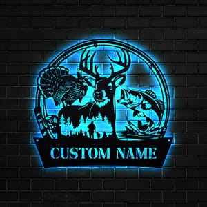 Personalized Deer Turkey and Bass Fishing Metal Led Lights Hunting Sign ...